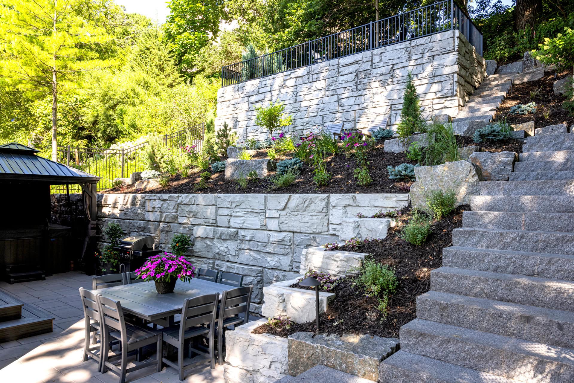 Terraced MagnumStone Walls Convert Steep Hillside to Modern Backyard Design